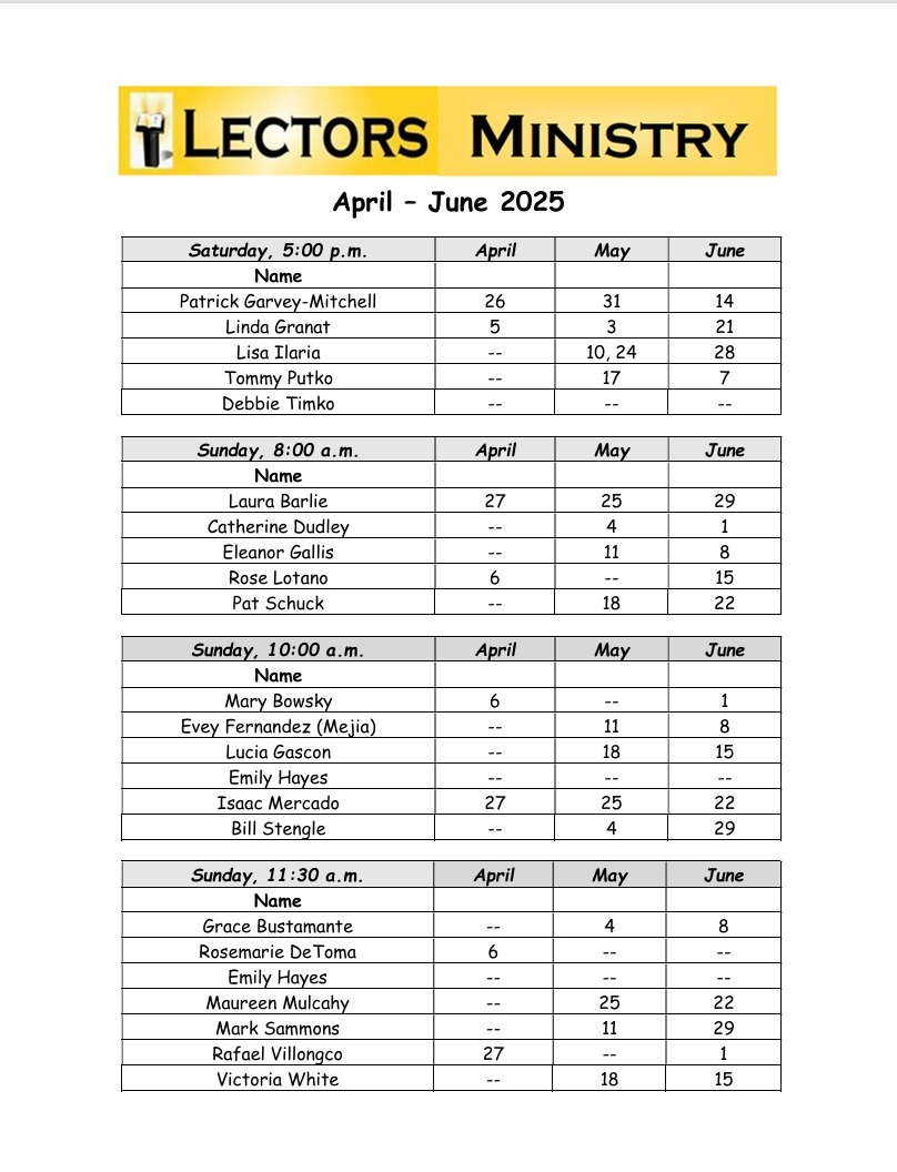 Lectors Schedule - Most Holy Redeemer - Old Bridge-Matawan, NJ